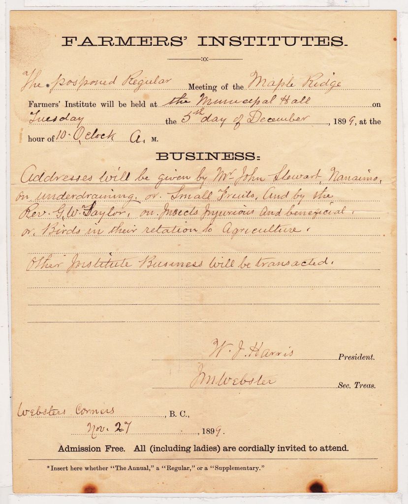 FARMERS’ INSTITUTE MEETING NOTICE – Maple Ridge Museum